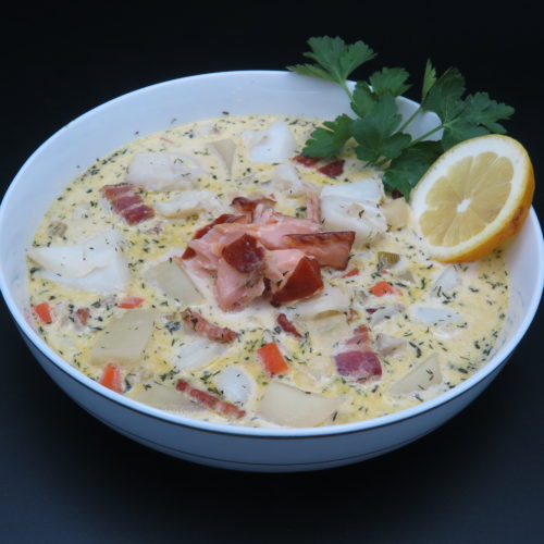Atlantic Cod Chowder with Smoked Salmon | Toski Sands Market
